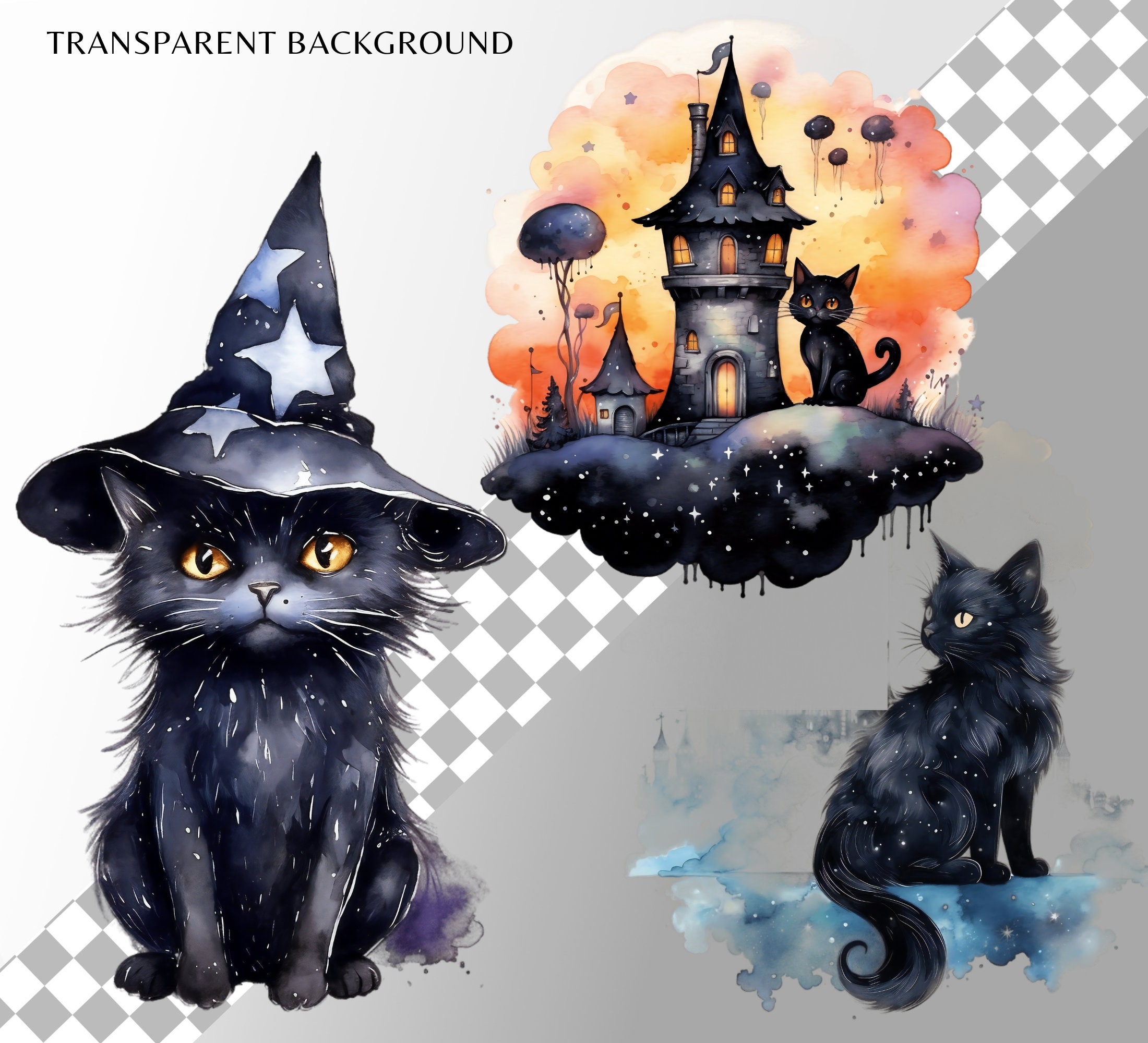 Black Cat Clipart Cute Cat Watercolor Clipart Png Instant Download ...