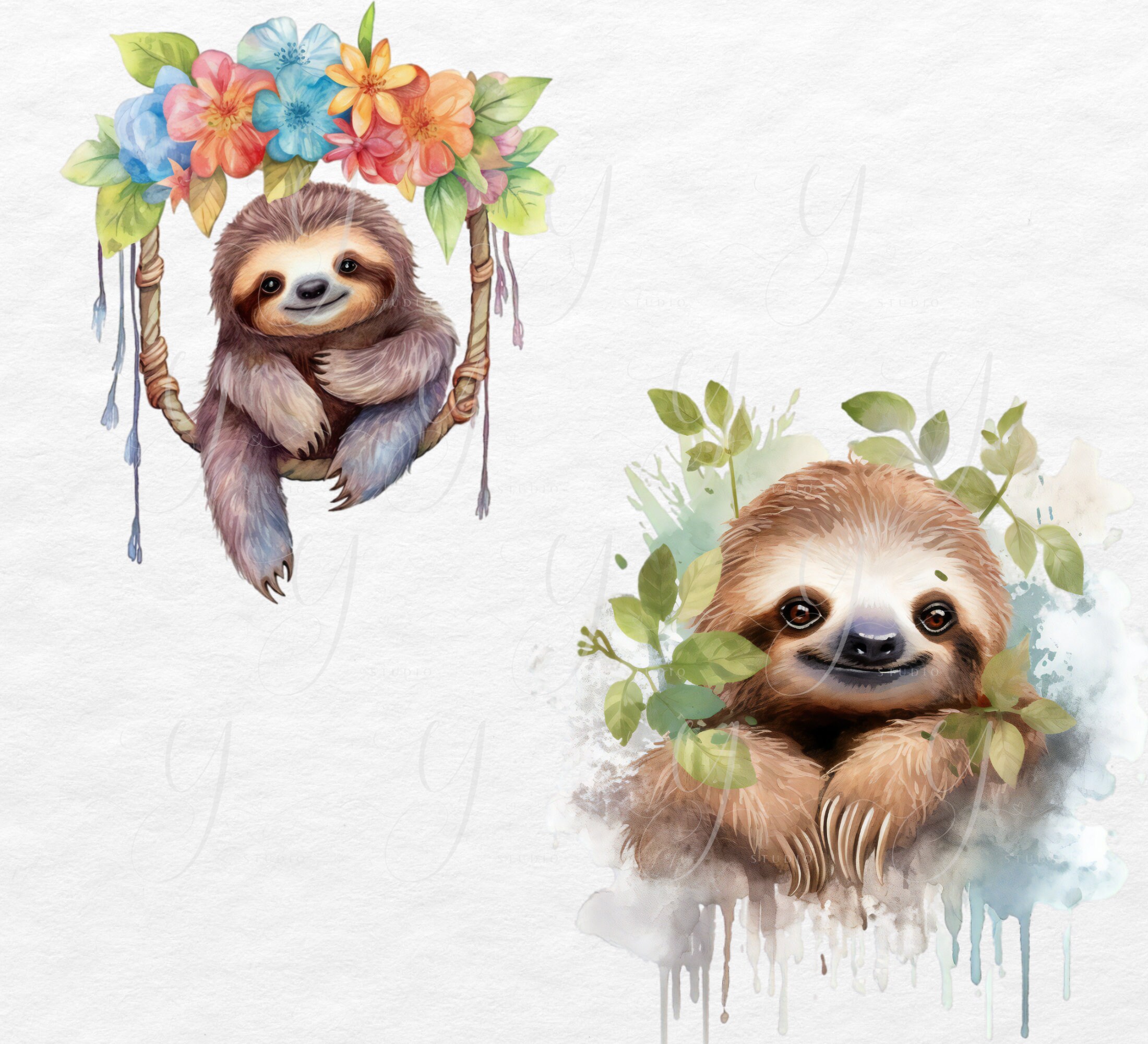 Watercolor Sloth Clipart Bundle With Flowers Png Digital - Etsy