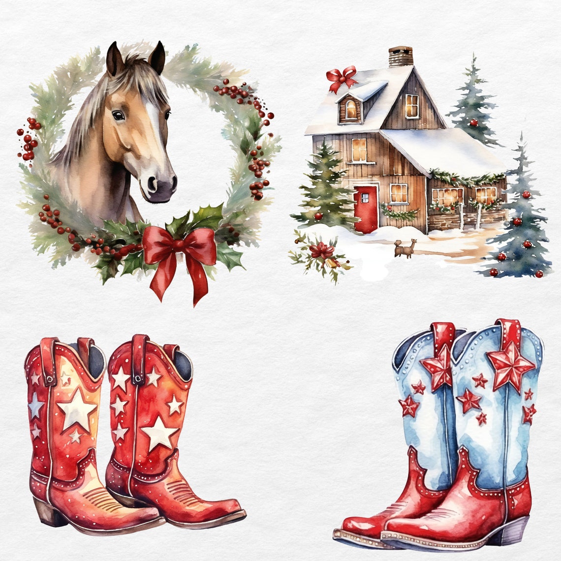 Watercolor Country Christmas Clipart Bundle: Farm Animals, Santa ...