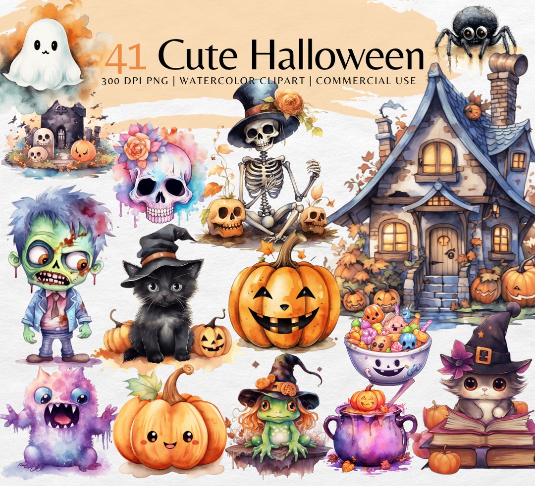 Halloween Clipart | Cute Halloween Pumpkin Watercolor Png | Cat, Skull ...