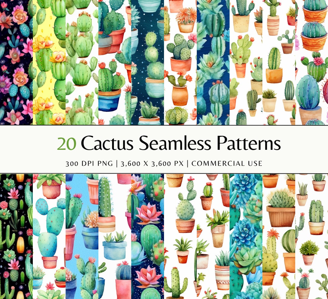 Cactus Seamless Patterns: Desert Watercolor PNG Bundle (digital ...