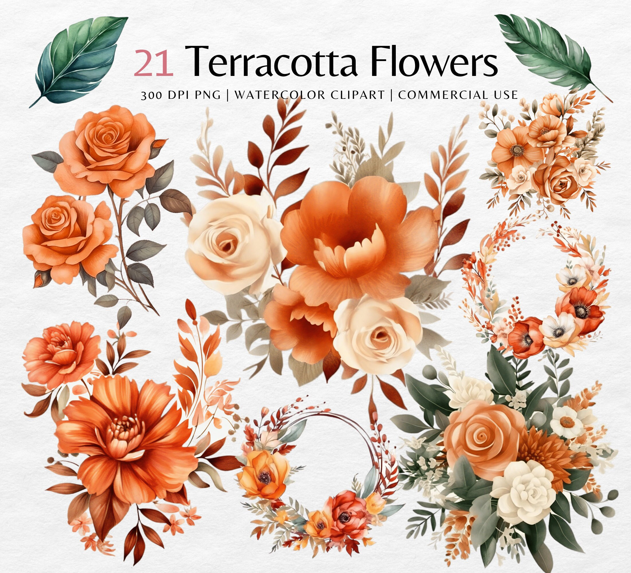 Terracotta Wedding Flowers Clipart: Watercolor Floral Bouquets (PNG ...