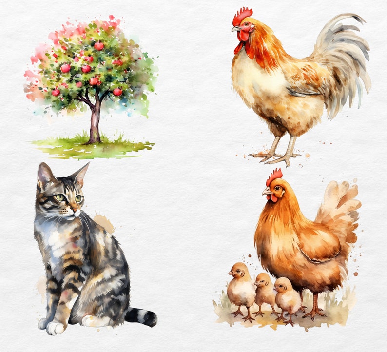 Watercolor Farm Animals Clipart Bundle: Barnyard PNG Images (commercial ...