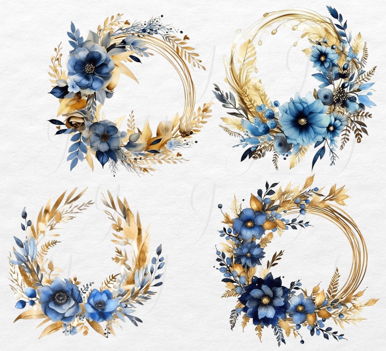 Boho Blue Gold Flowers Clipart Bundle Watercolor Wedding - Etsy