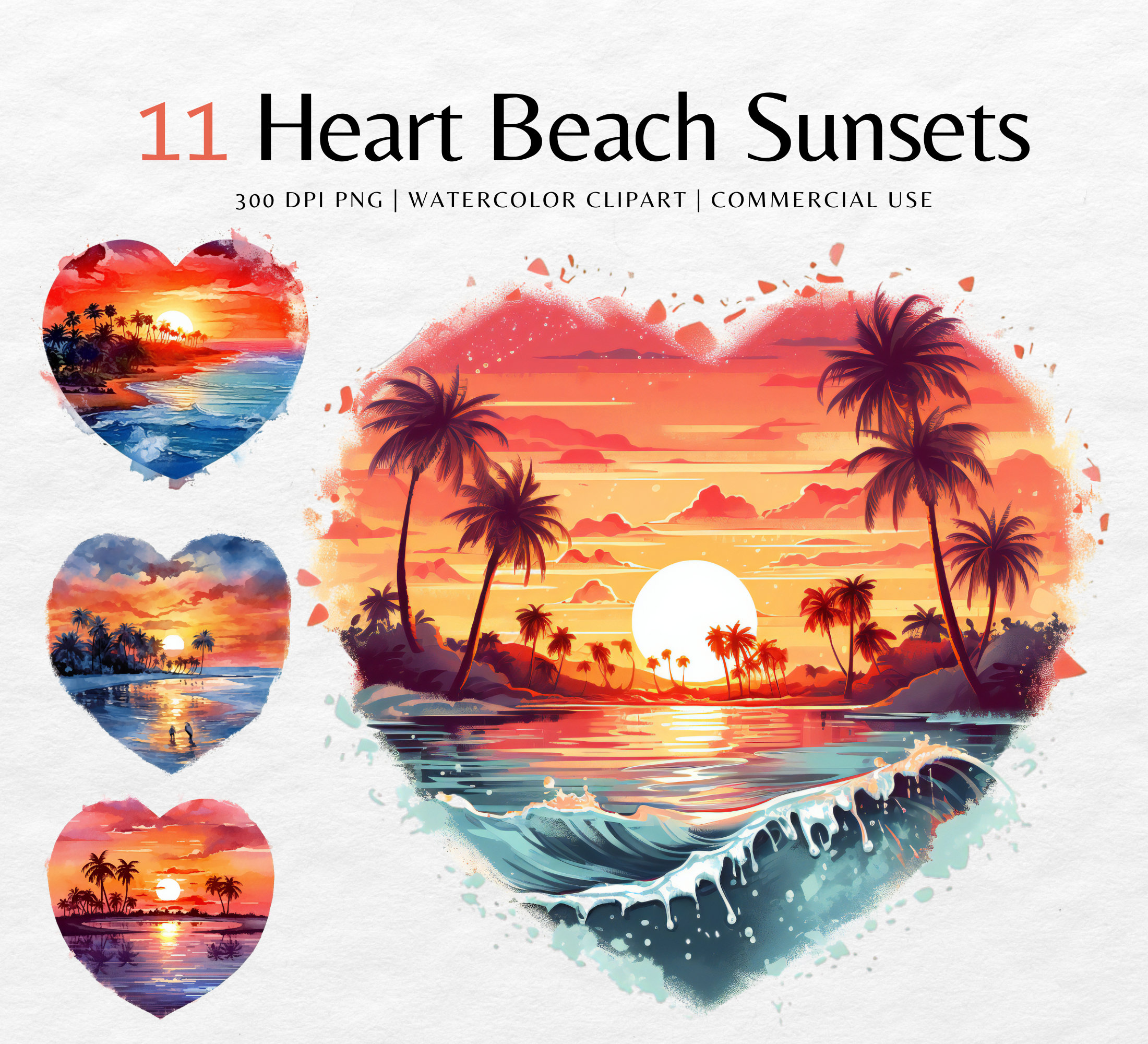 Heart Beach Sunset Watercolor Clip Art Bundle Ocean and - Etsy