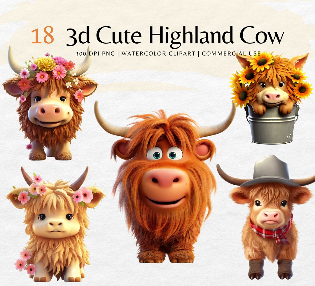 Highland Cow Png Clipart Bundle, Cute 3d Baby Highland Cow, Digital ...