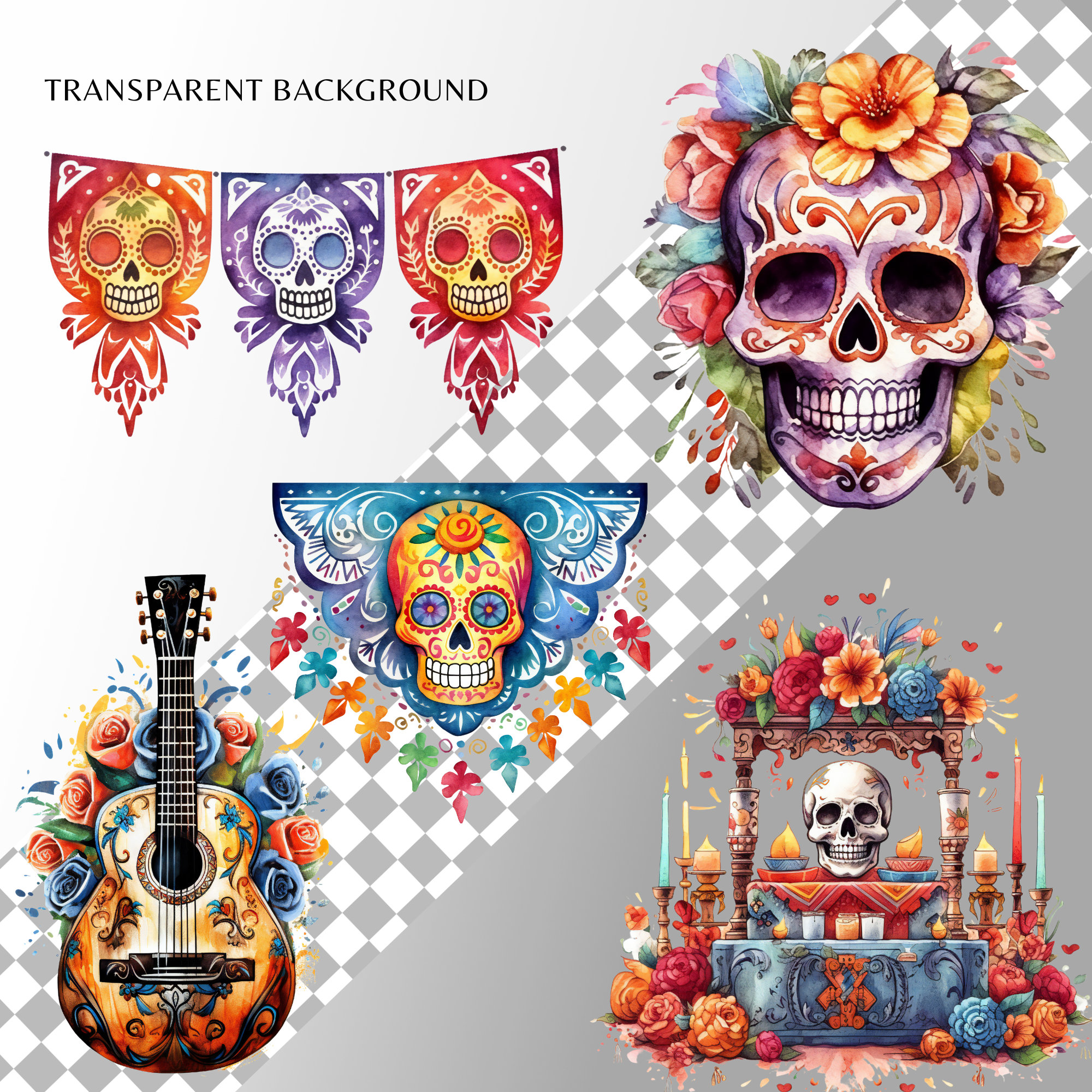 Day of the Dead Watercolor Clipart, Sugar Skull Png | Dia De Los ...