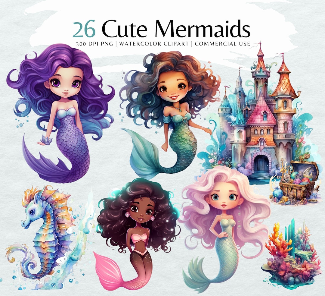 Mermaid Clipart Bundle | Watercolor Cute Mermaid Clipart Png | Sea Life ...