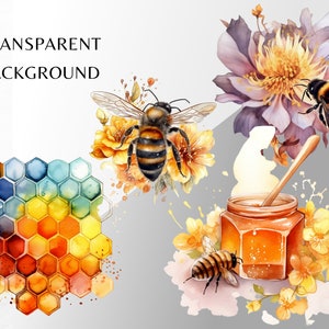 Bees Watercolor Clip Art Bundle | PNG Honey Bee on Sunflower, Honeycomb ...