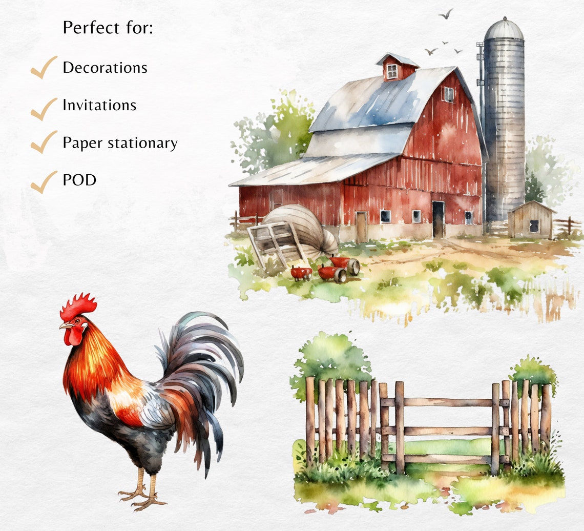 Watercolor Farm Animals Clipart Bundle: Barnyard PNG Images (commercial ...