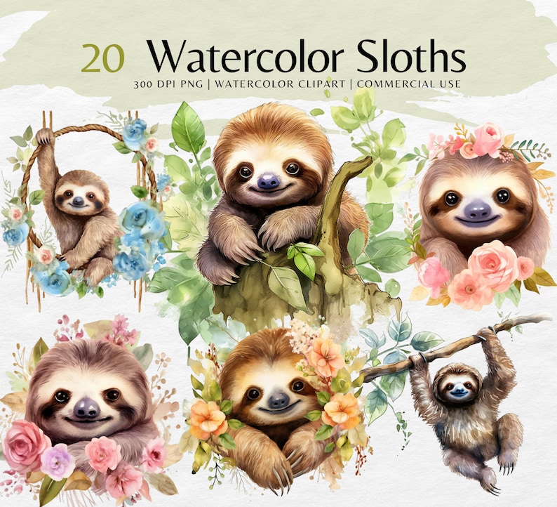 Watercolor Sloth Clipart Bundle With Flowers Png Digital - Etsy