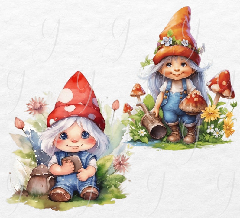 Garden Gnomes Clipart Watercolor Bundle | Whimsical Fantasy Floral Png ...