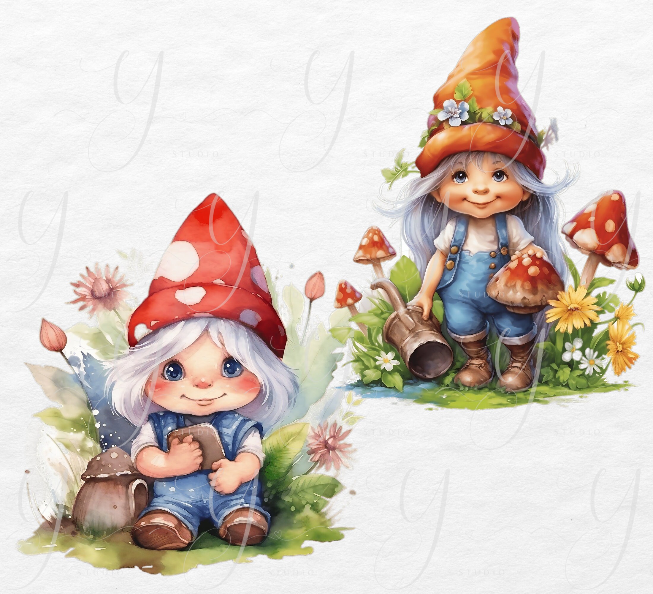 Garden Gnomes Clipart Watercolor Bundle Whimsical Fantasy - Etsy
