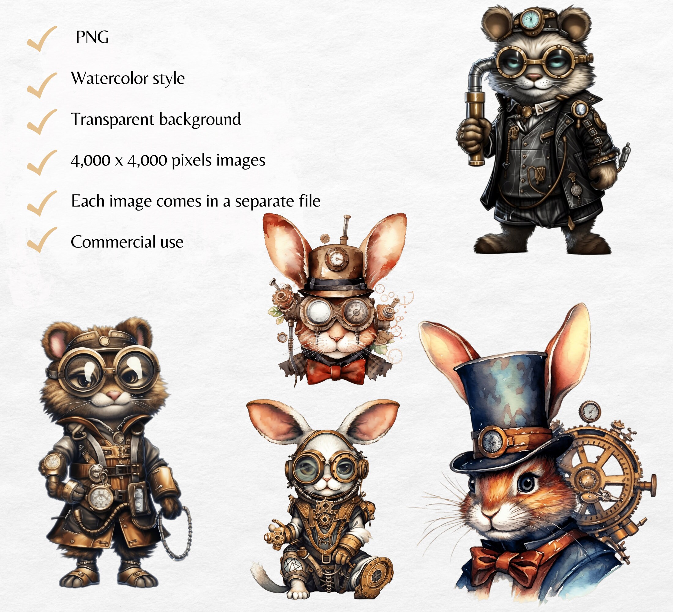Steampunk Animals Watercolor Clipart Bundle Fantasy Animals - Etsy