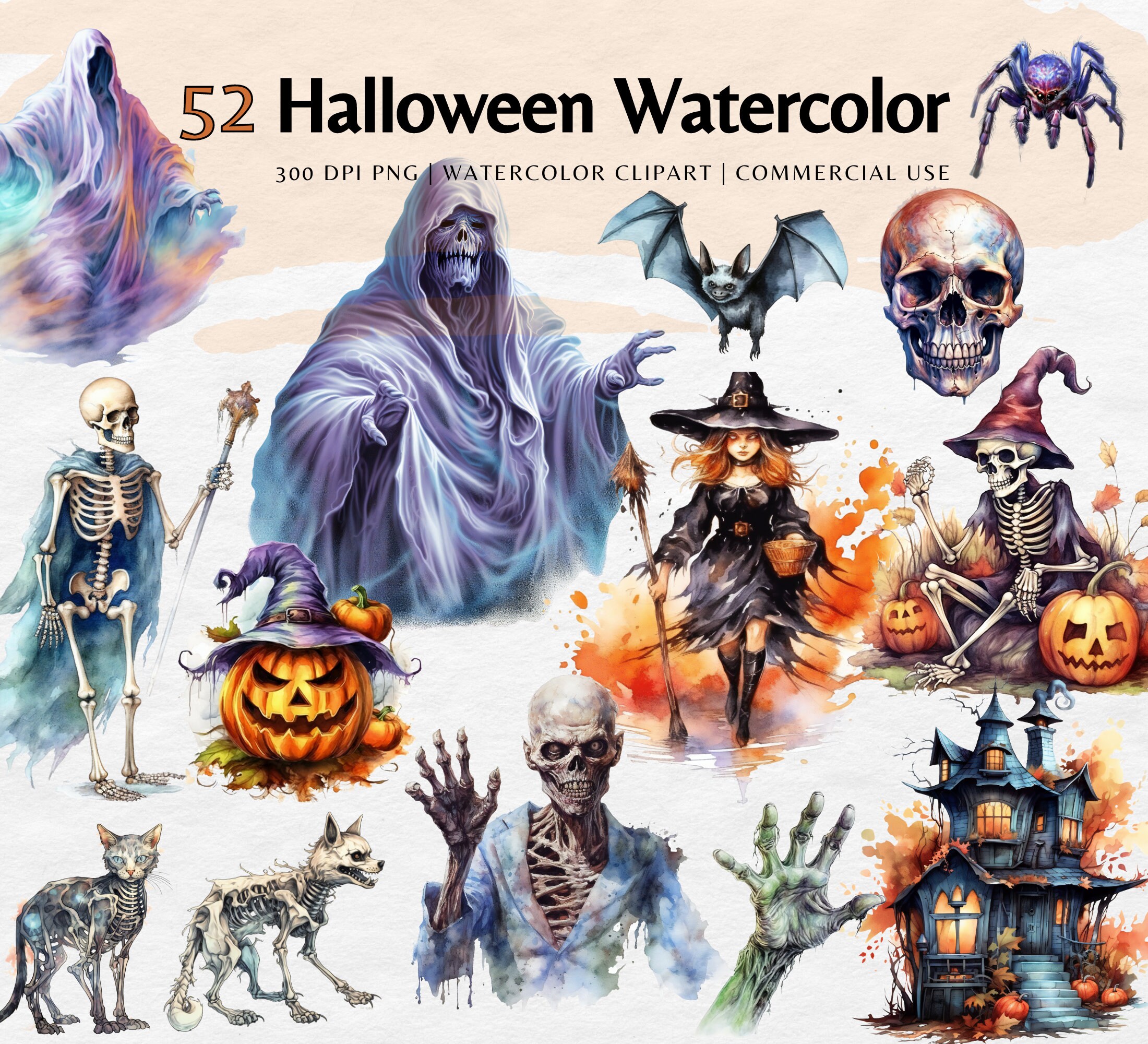 Halloween Clipart Halloween Pumpkin Watercolor Png Cat - Etsy