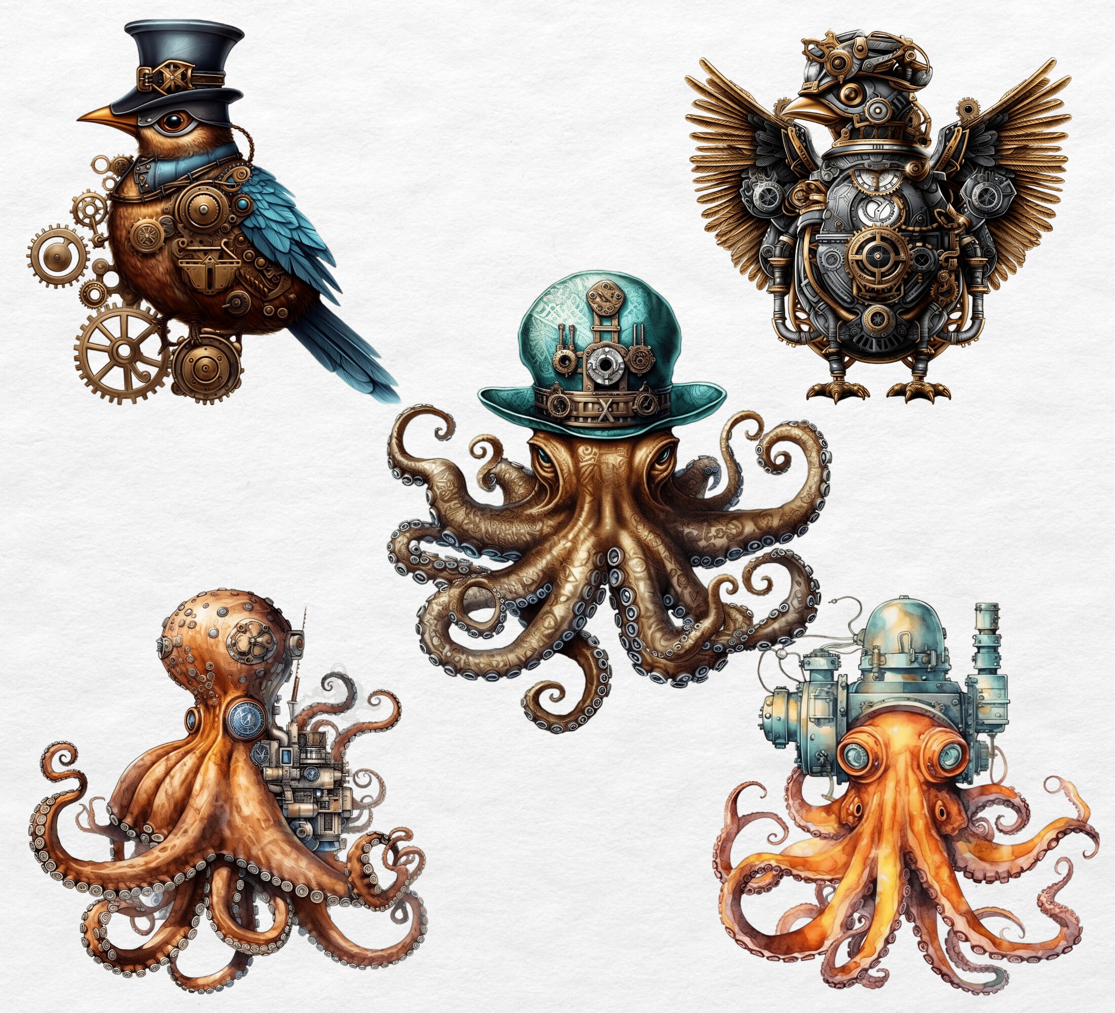 Steampunk Animals Watercolor Clipart Bundle Fantasy Animals - Etsy