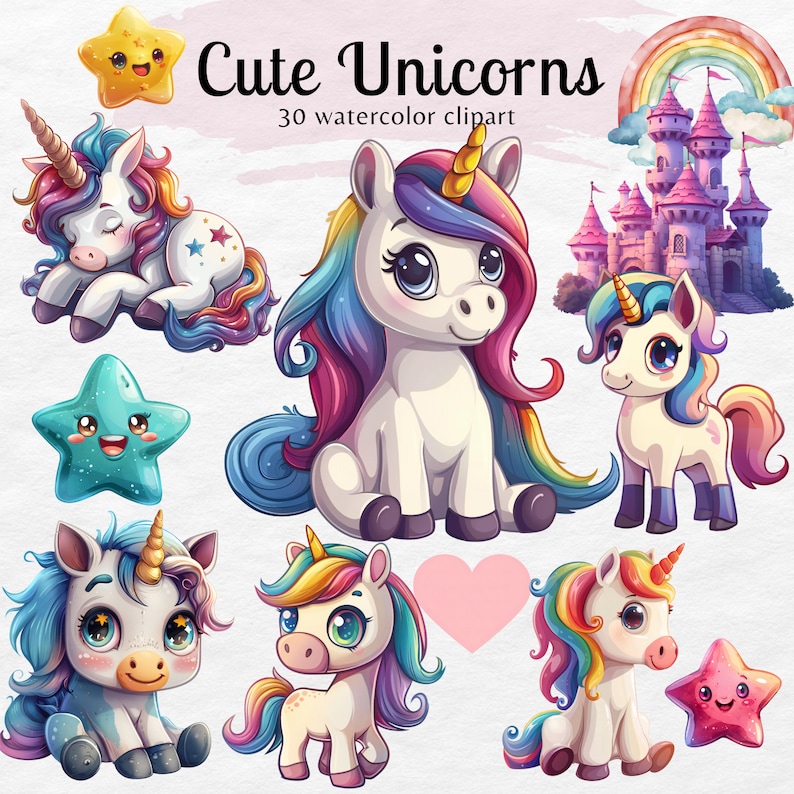 Cute Unicorn Clipart Bundle Watercolor Unicorn Png Kawaii Unicorn ...