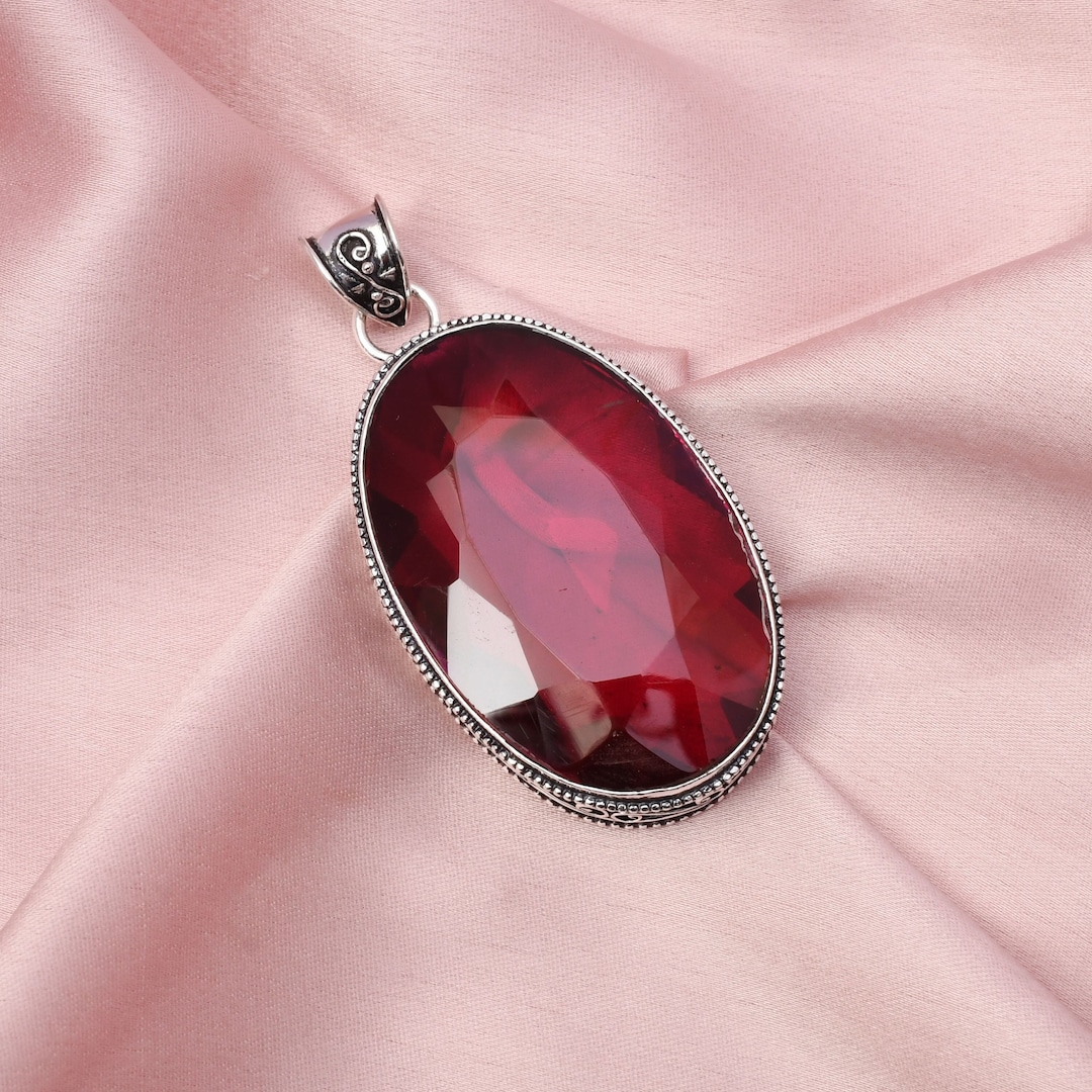 Garnet Pendant With Silver Chain Necklace 925 Sterling Silver Pendant ...