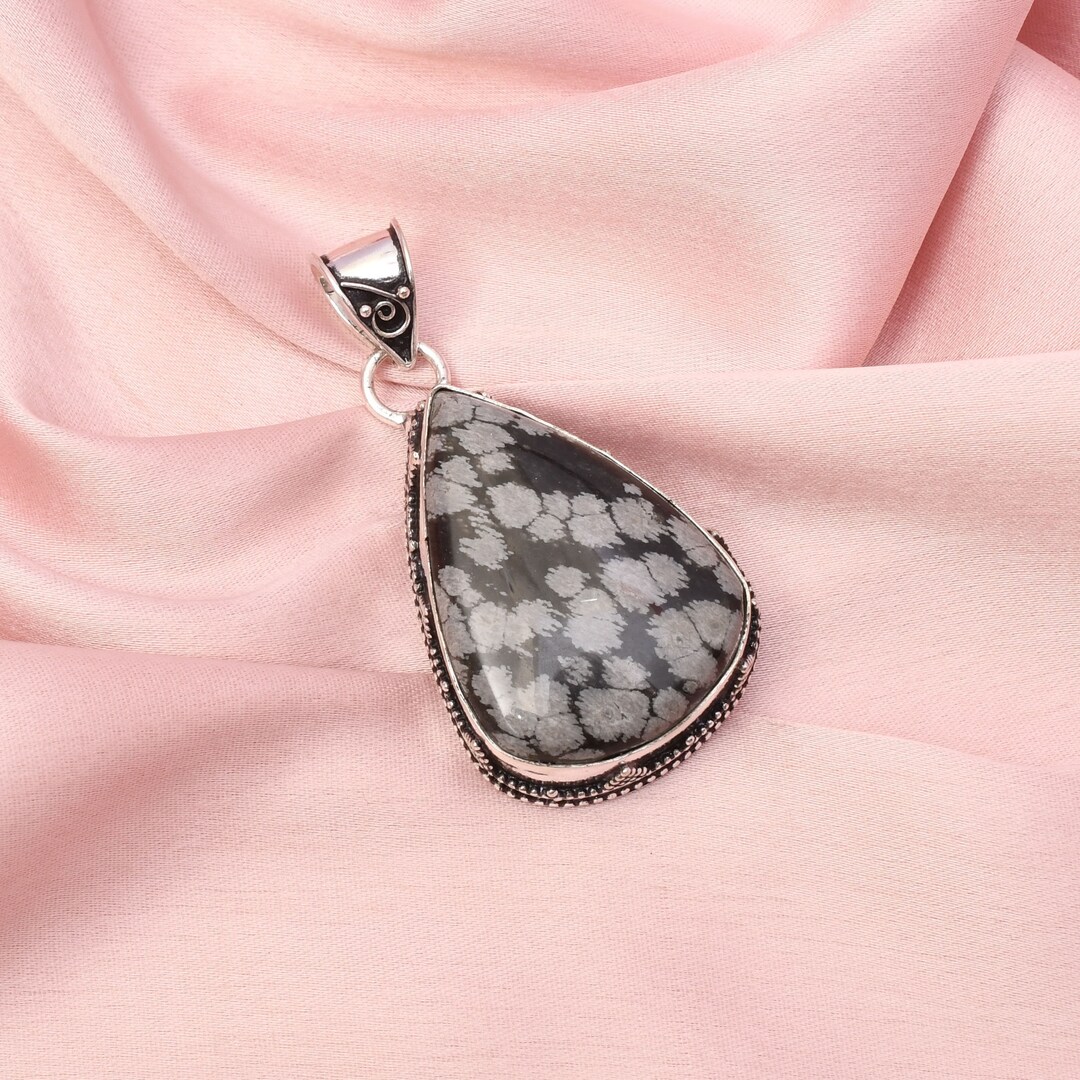 Black Snowflake Obsidian Pendant With Silver Chain Necklace 925 ...