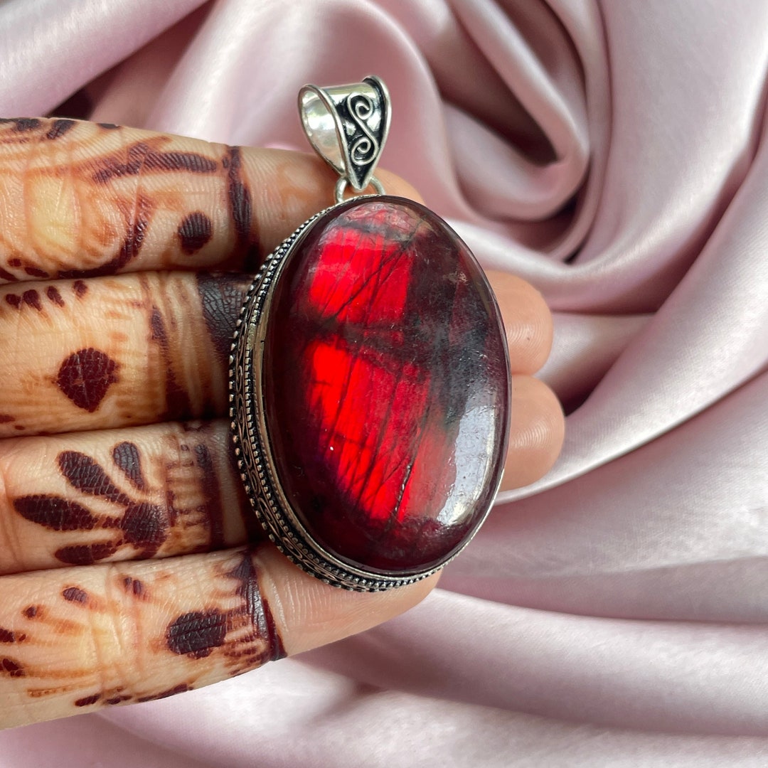 Red Labradorite Pendant Necklace: Big 925 Sterling Silver Chain - Etsy