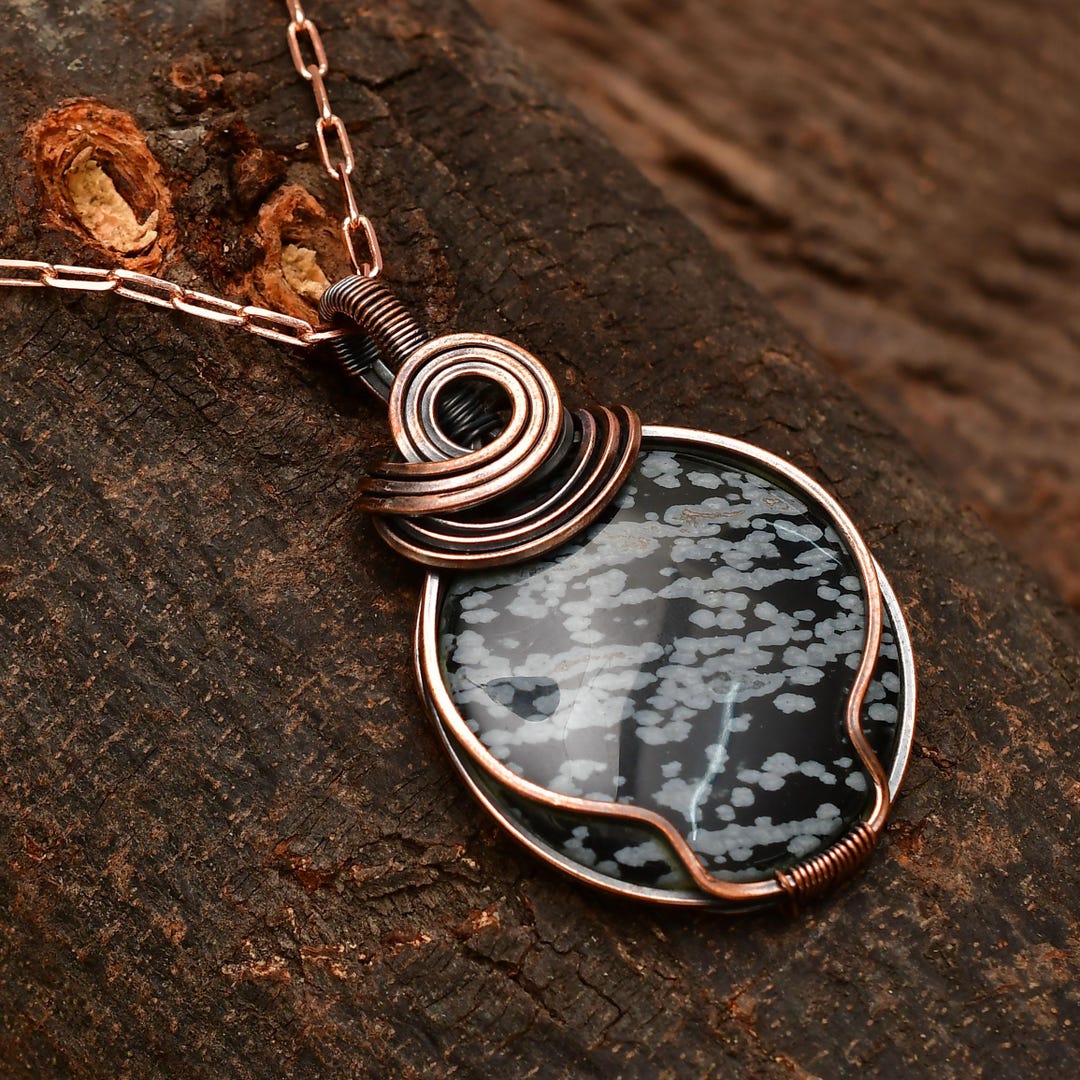 Snowflake Obsidian Pendant Copper Wire Wrapped Gemstone Pendant Copper ...
