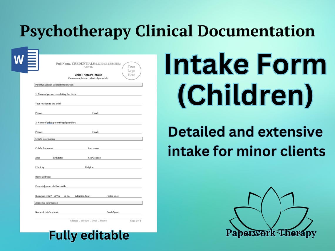 Intake Form (children) - Psychotherapy Clinical Documentation - Etsy