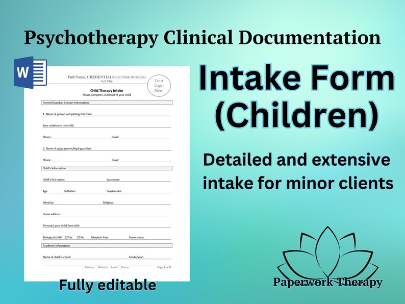 Intake Form (children) - Psychotherapy Clinical Documentation - Etsy