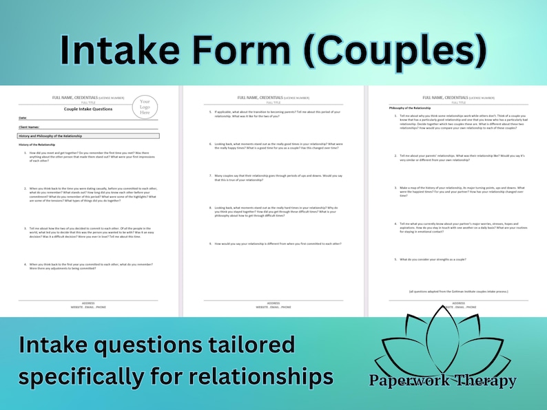 Intake Form (couples) - Psychotherapy Clinical Documentation - Etsy