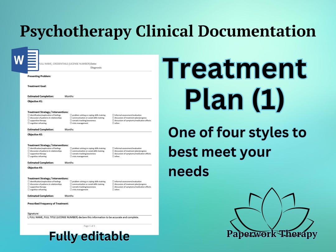 Treatment Plan 1 - Psychotherapy Clinical Documentation - Etsy
