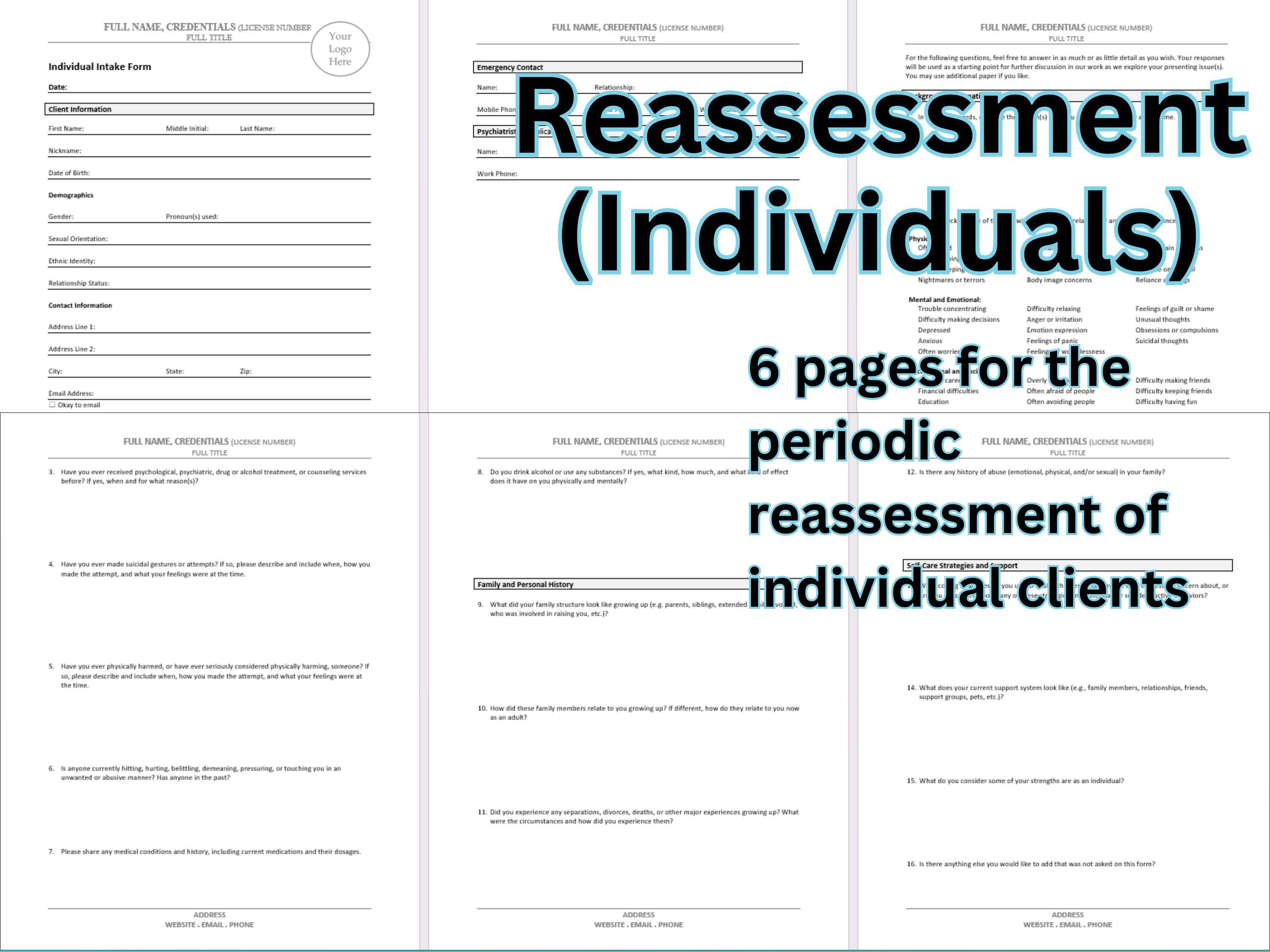 Reassessment Form (individuals) - Psychotherapy Clinical Documentation ...