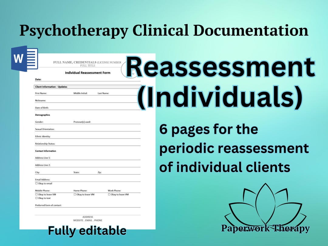 Reassessment Form (individuals) - Psychotherapy Clinical Documentation - Etsy