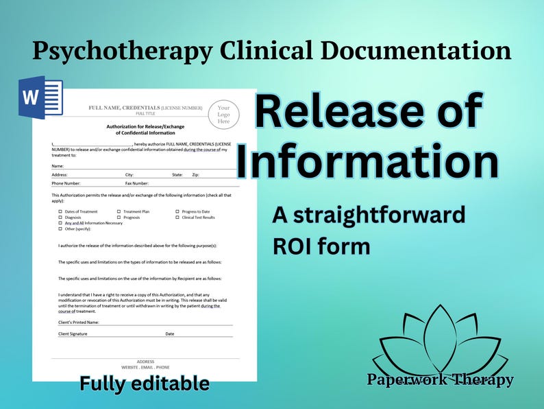 Release of Information - Psychotherapy Clinical Documentation - Etsy