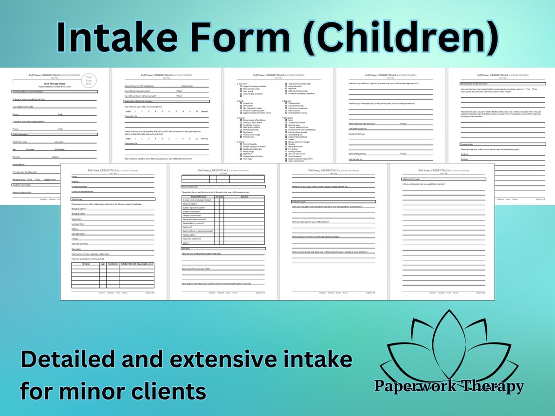 Intake Form (children) - Psychotherapy Clinical Documentation - Etsy