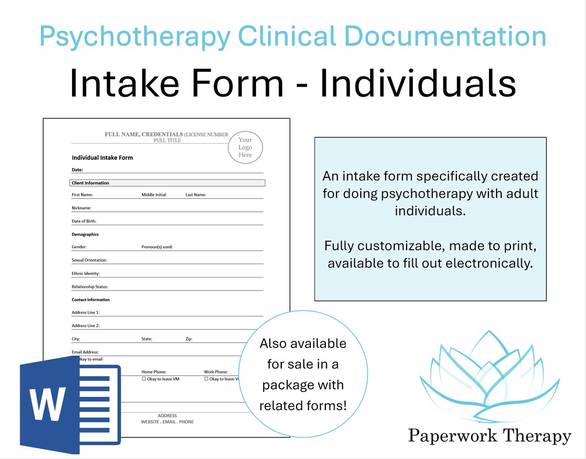 Therapy Form Intake Form individuals - Etsy