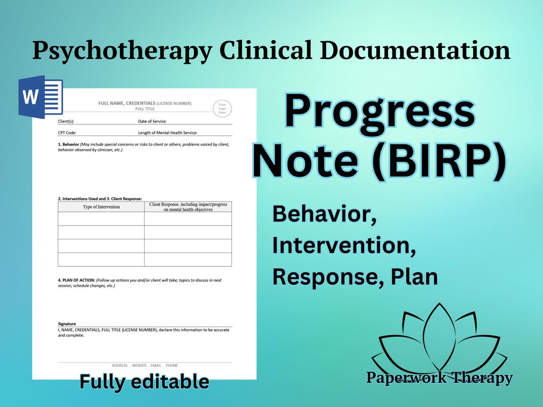 Progress Note BIRP Psychotherapy Clinical Documentation - Etsy