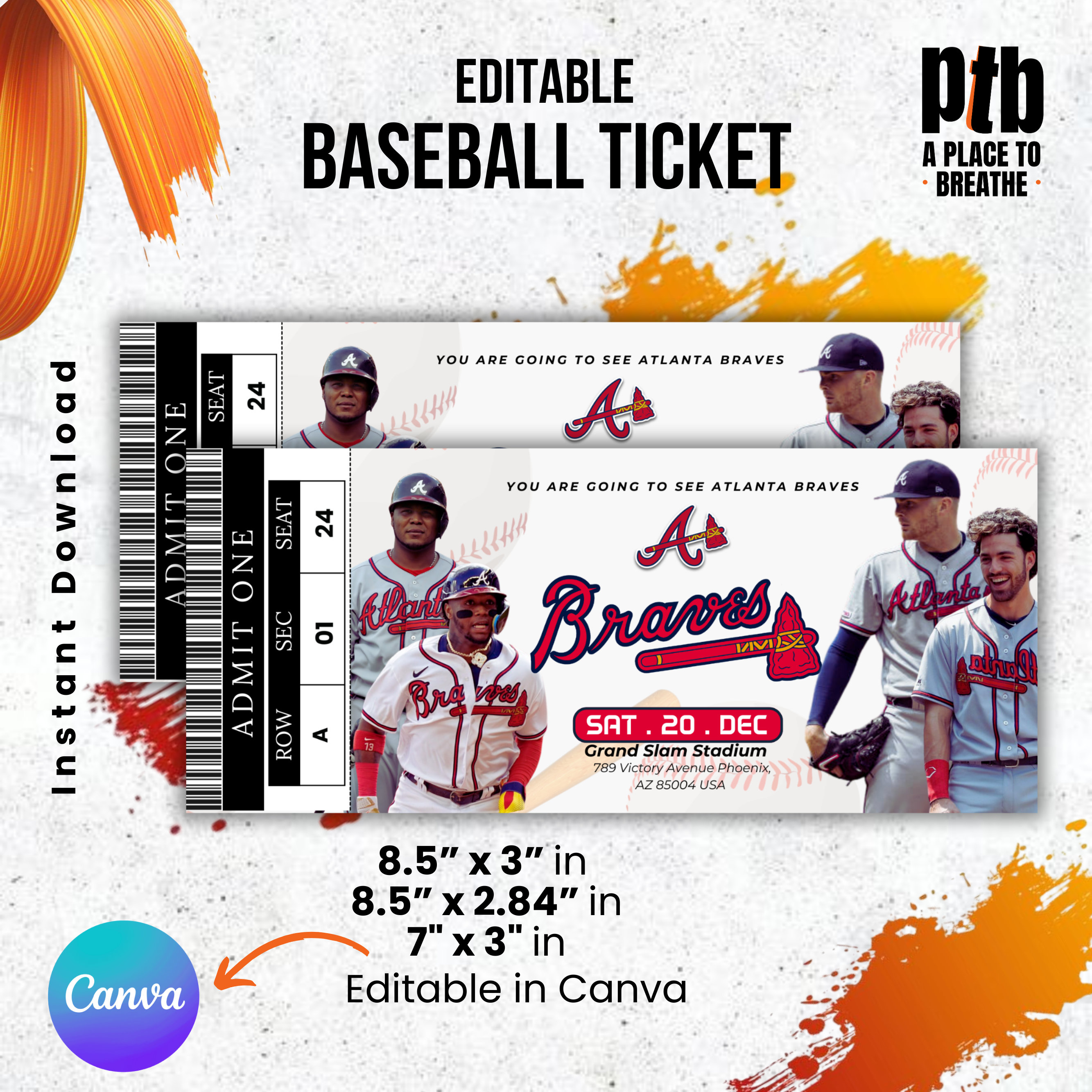 Atlanta Braves Ticket Template, Baseball Invitation, Printable Baseball ...