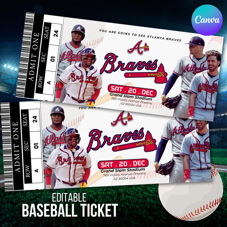 Atlanta Braves Ticket Template, Baseball Invitation, Printable Baseball Ticket, Baseball ...