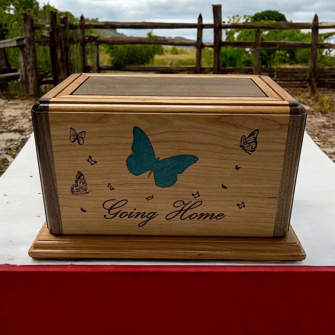 Cherry Wood Cremation Urn With Epoxy Butterfly - Handcrafted Memorial ...