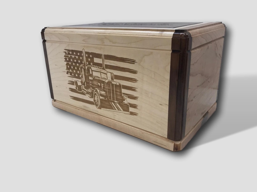 Engraved Semi Tractor With American Flag Urn Maple Box Walnut Wooden ...