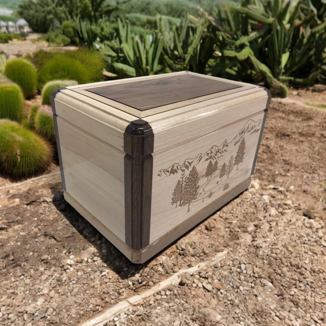 Wooden Urn Engraved Memorial Box With Mountains Box for Human Ashes ...