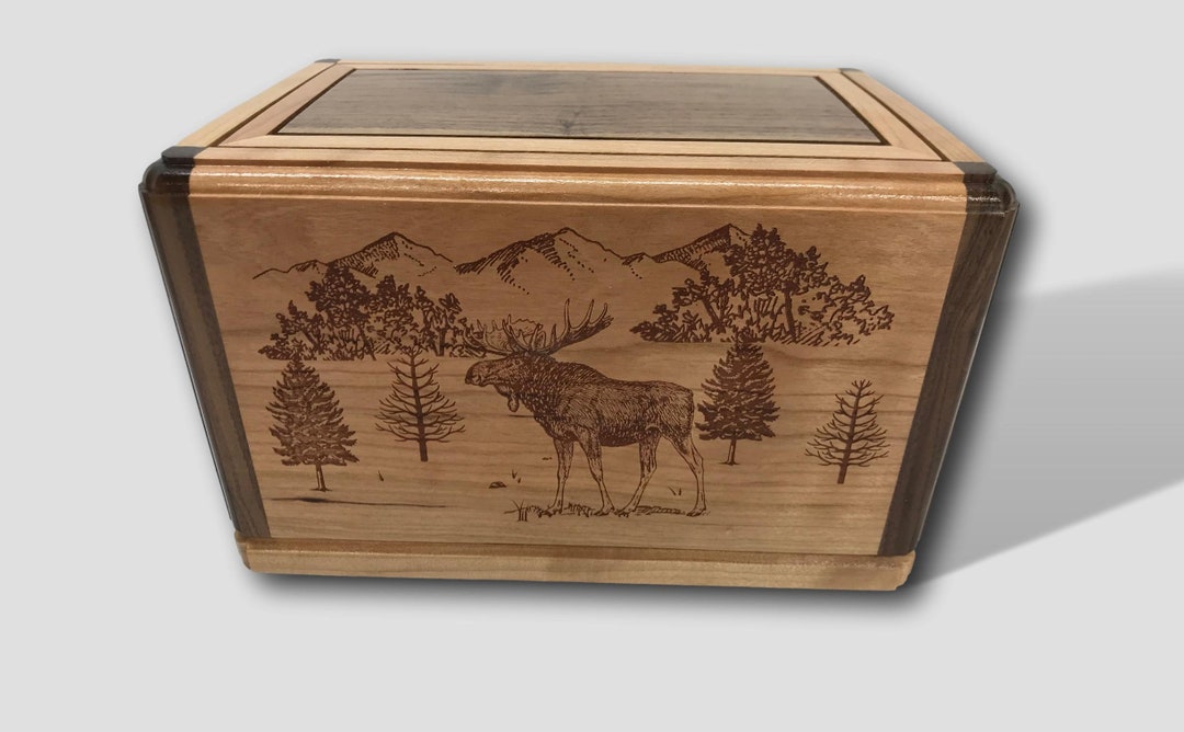 Engraved Moose Scene Wooden Cherry Handmade Burial Cremation Funeral ...