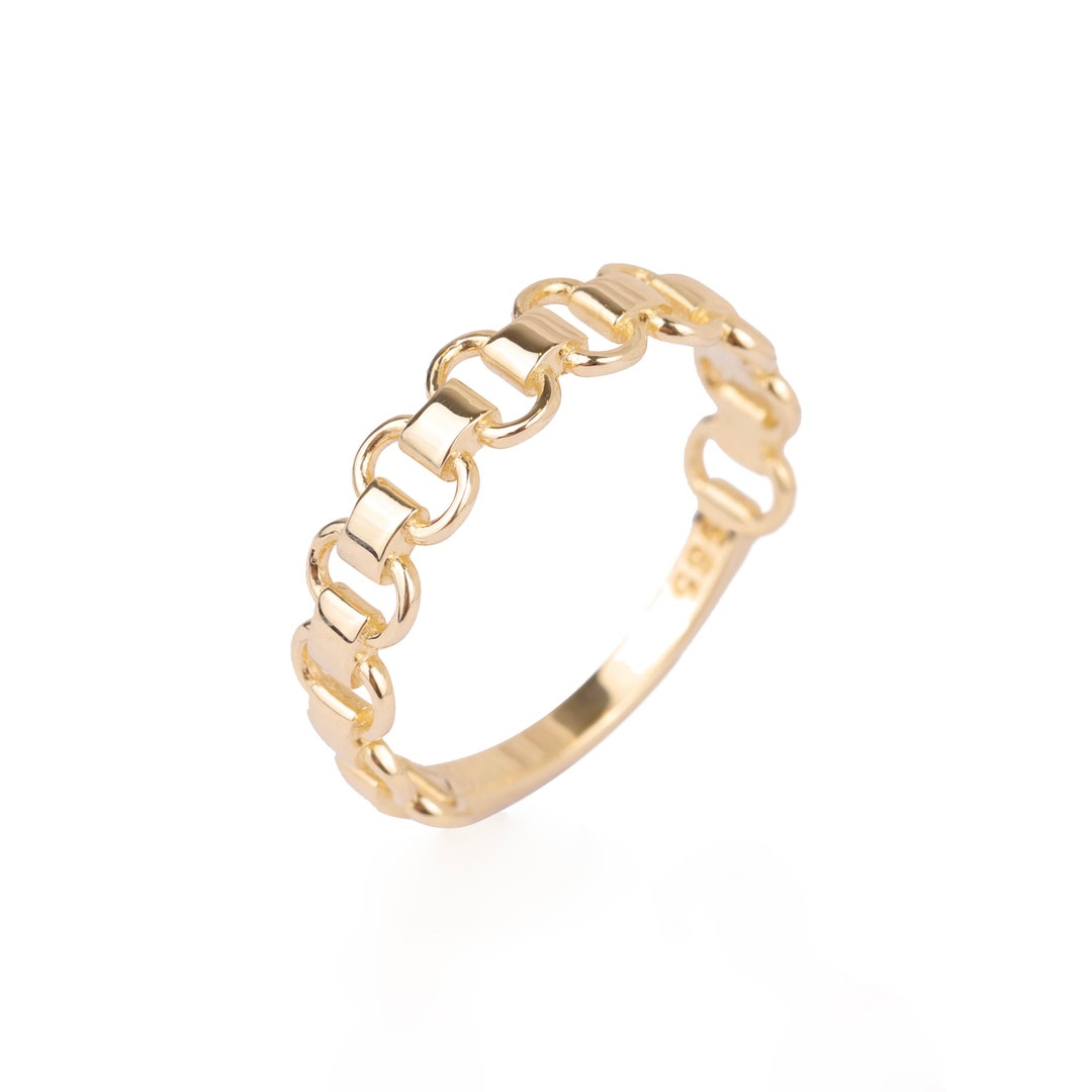 14K Gold Oval Chain Ring, Dainty Chain Link Band Ring, Delicate Chain ...
