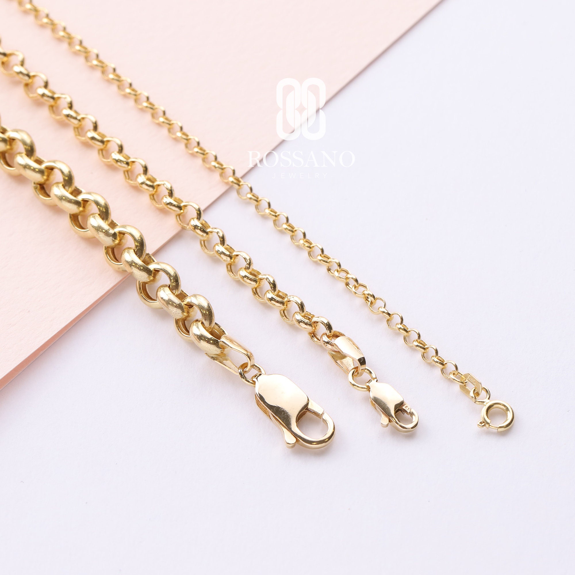 14K Gold Rolo Chain Bracelet, 3mm 4mm 7mm Thick Rolo Bracelet, Rolo ...