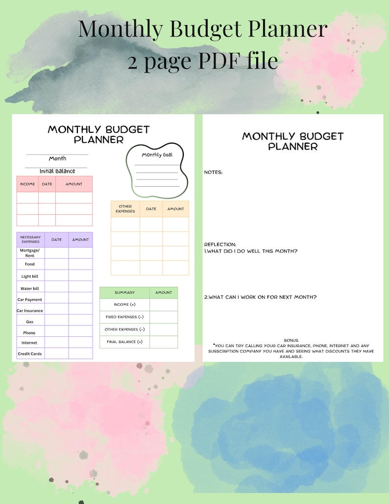 Monthly Budget Planner, Printable Planner, Instant Download, PDF ...
