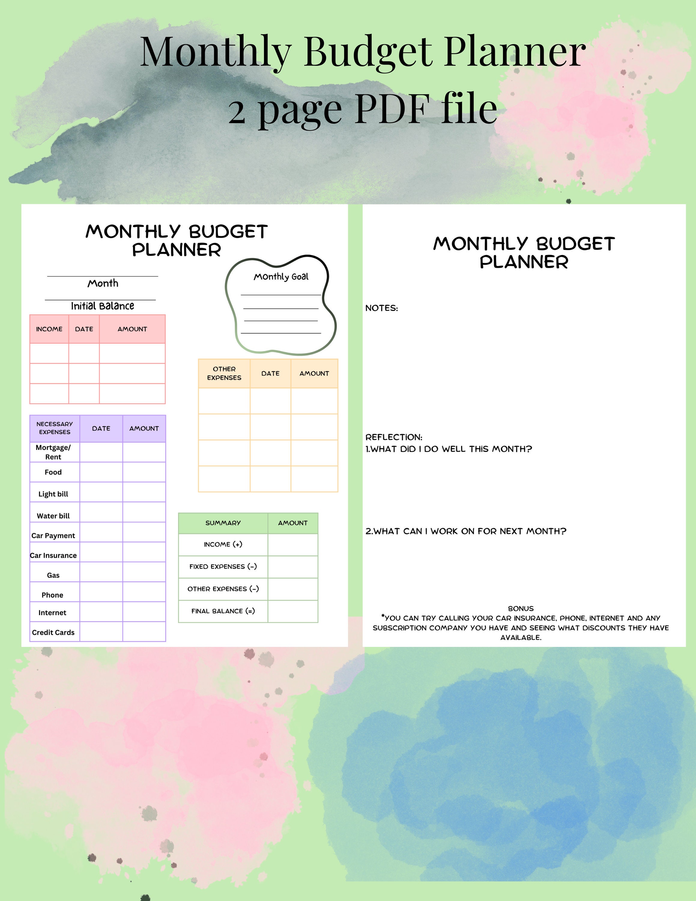 Monthly Budget Planner, Printable Planner, Instant Download, PDF ...