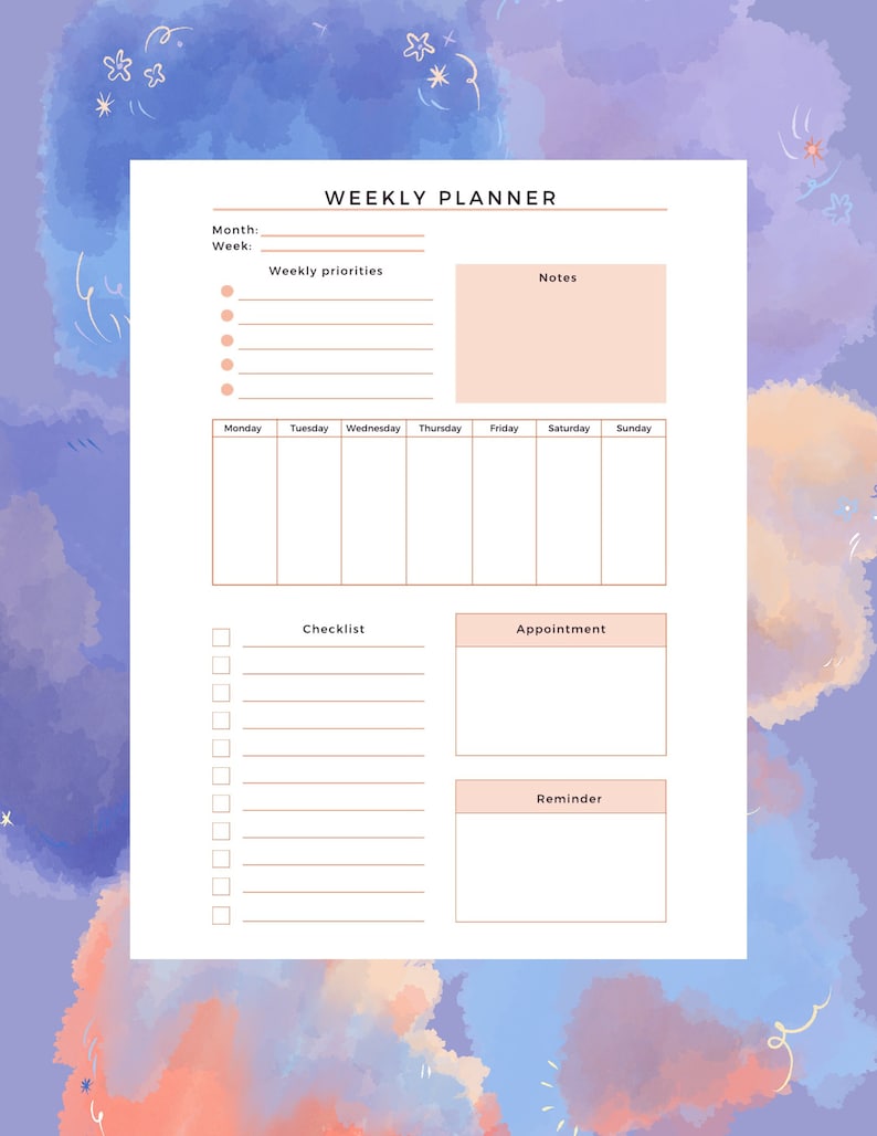 Weekly Planner, Printable Weekly Planner, Printable PDF Planner, Weekly ...