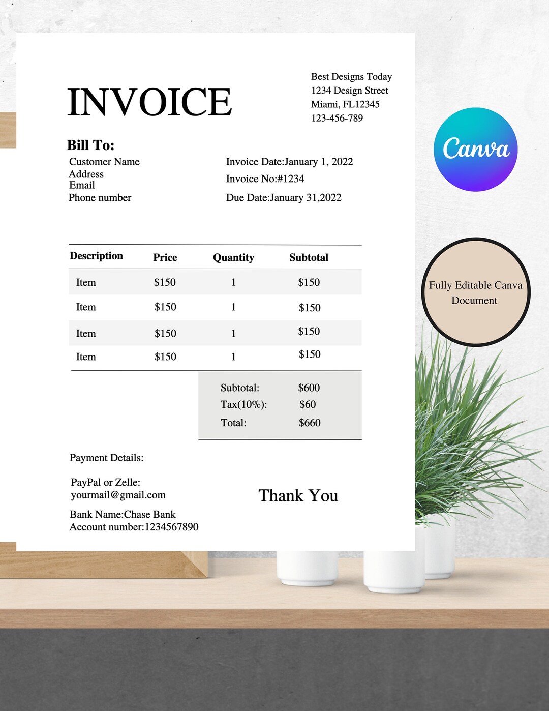 Invoice Template, Editable Canva Invoice Template, Editable Invoice ...