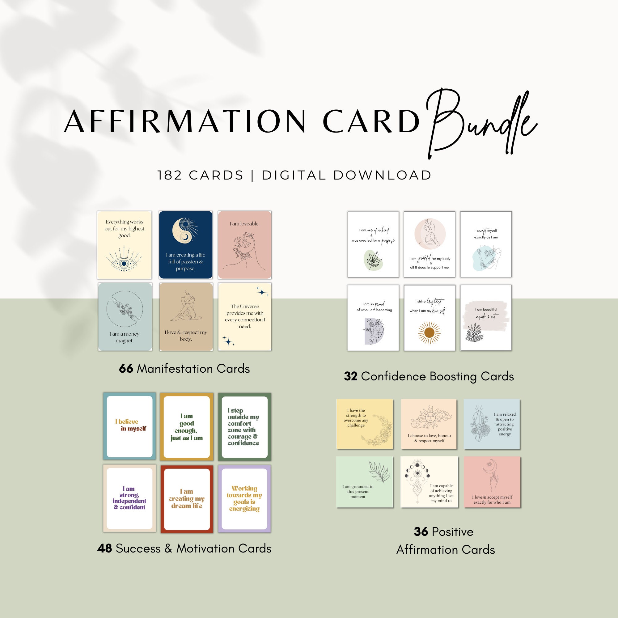 182 Affirmation Cards Printable Bundle, Positive Affirmation Cards ...