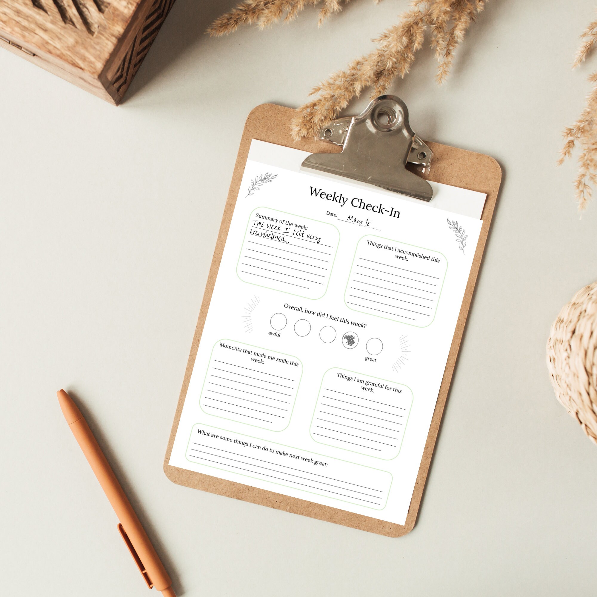 Weekly Check in Printable, Weekly Reflection, Mindful Check in Journal ...