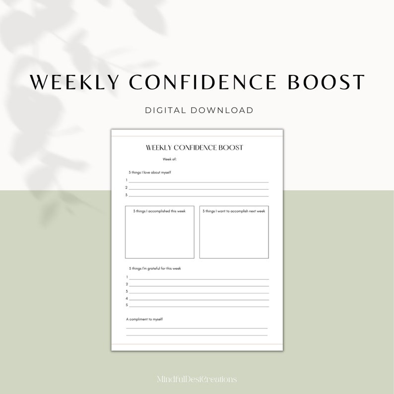 Weekly Confidence Boost Worksheet, Self Esteem Journal Planner, Self ...